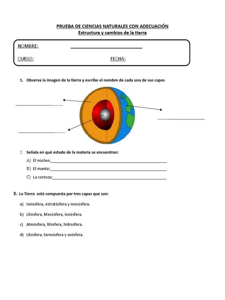 Prueba de Ciencias Naturales Estructura y Cambios de La Tierra | PDF ...