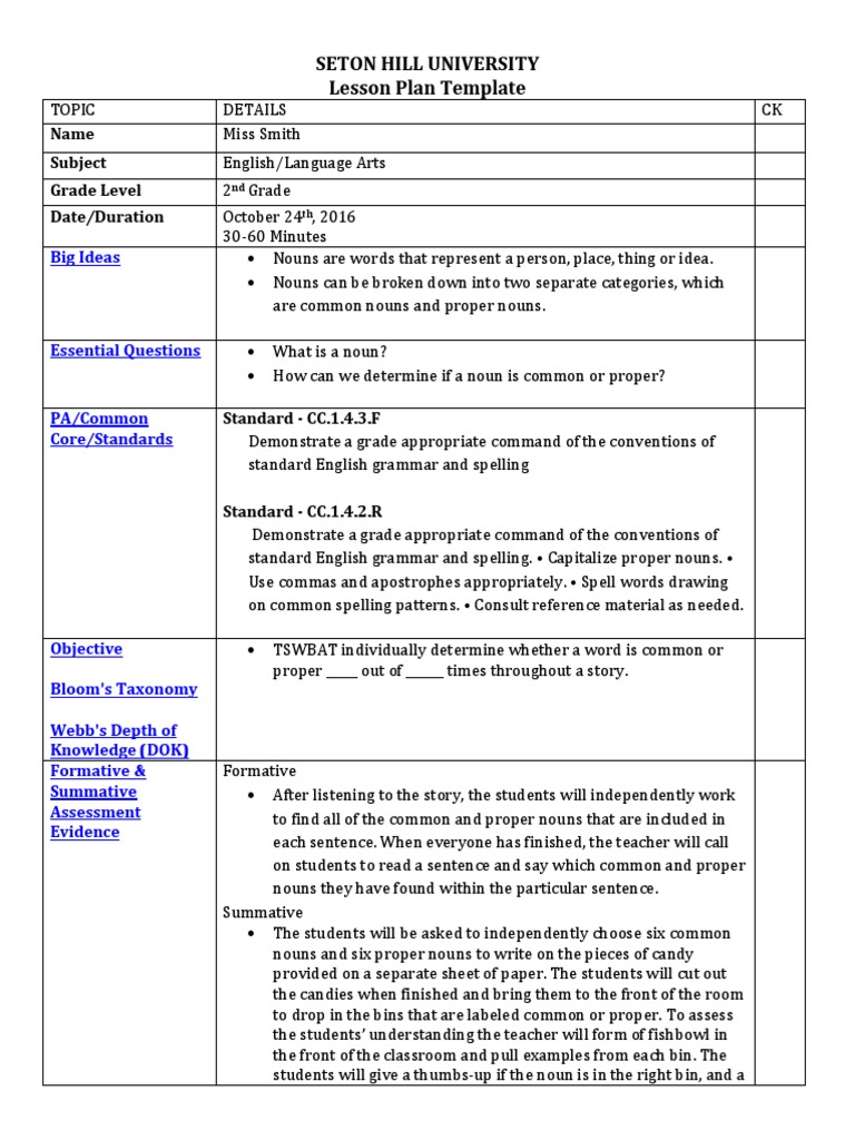 2nd Grade Lesson Plan: Nouns | PDF | Noun | Lesson Plan