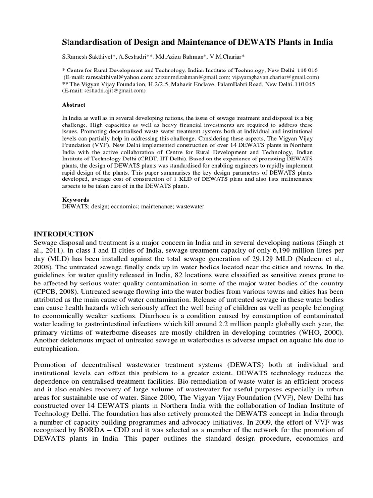 Standardisation of Design and Maintenance of DEWATS Plants in India ...