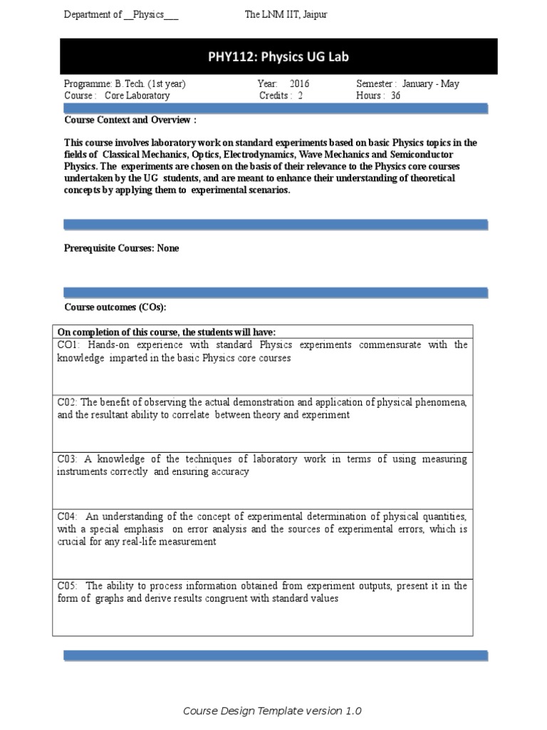 PHY112: Physics UG Lab: Course Design Template Version 1.0 | PDF ...