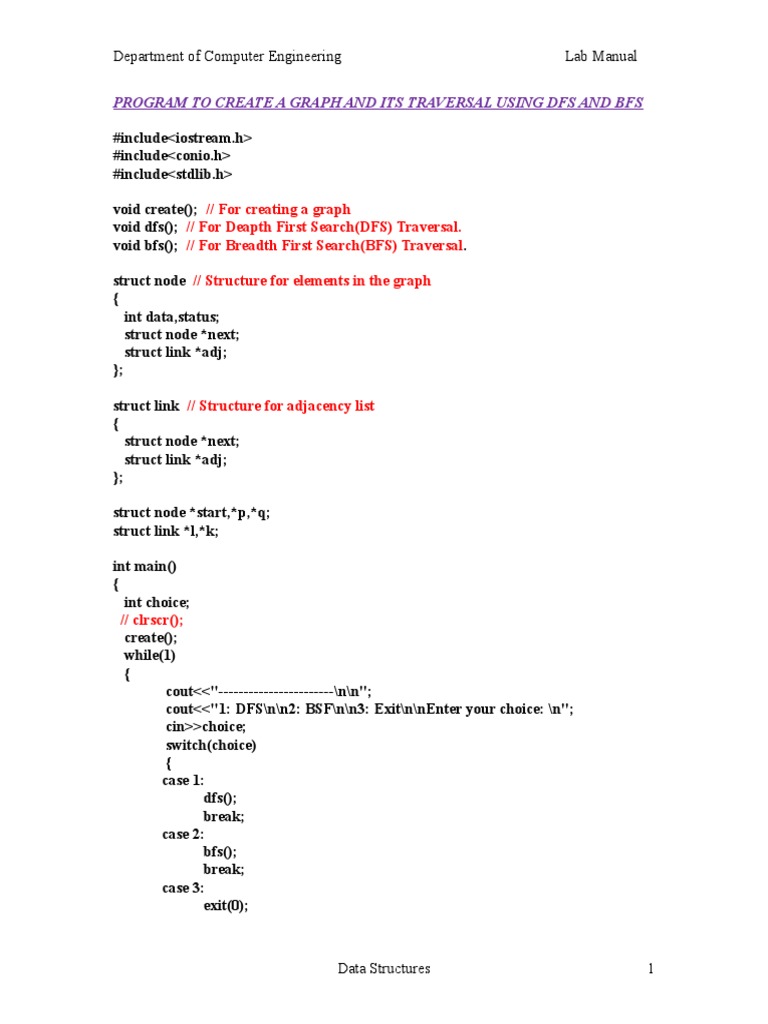 Program To Create A Graph And Its Traversal Using Dfs And Bfs Pdf Applied Mathematics