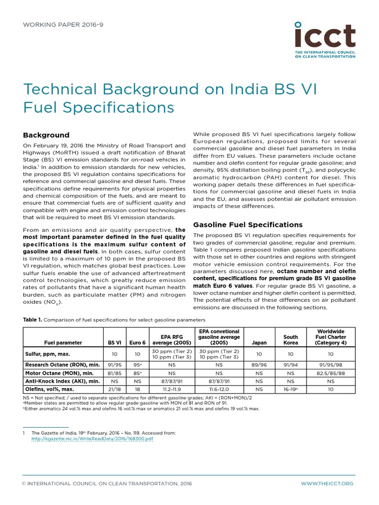 BS VI Fuel Spec Working Paper VF | PDF | Gasoline | Diesel Fuel