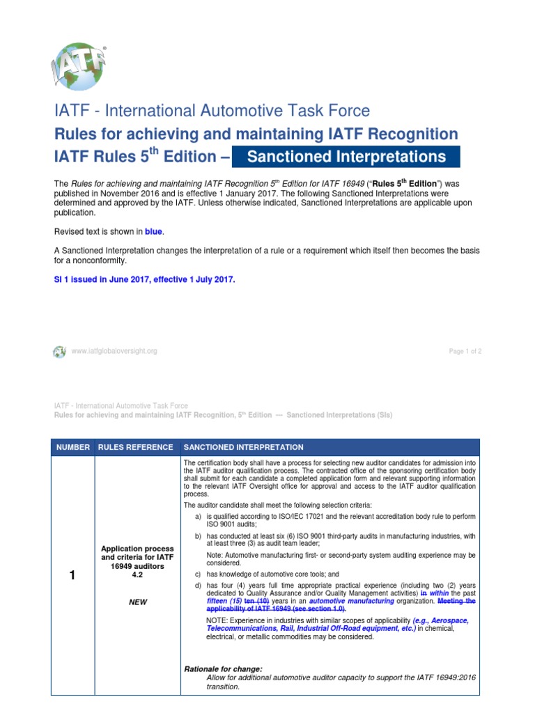 Iatf Rules 5th Edition Sanctioned Interpretations July2017 Pdf