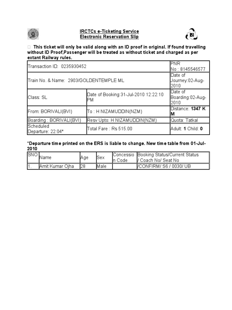 Train Ticket Confirmation: Goldentemple ML | PDF