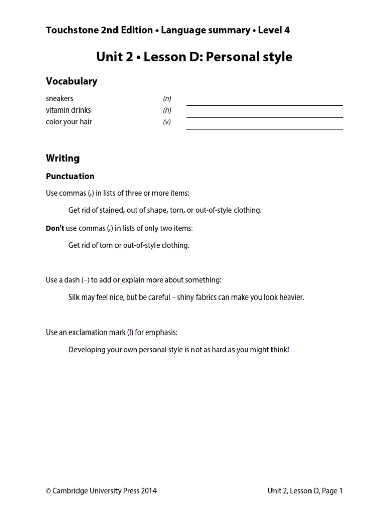 Unit 2 - Lesson D: Personal Style: Touchstone 2nd Edition - Language Summary - Level 4 | PDF
