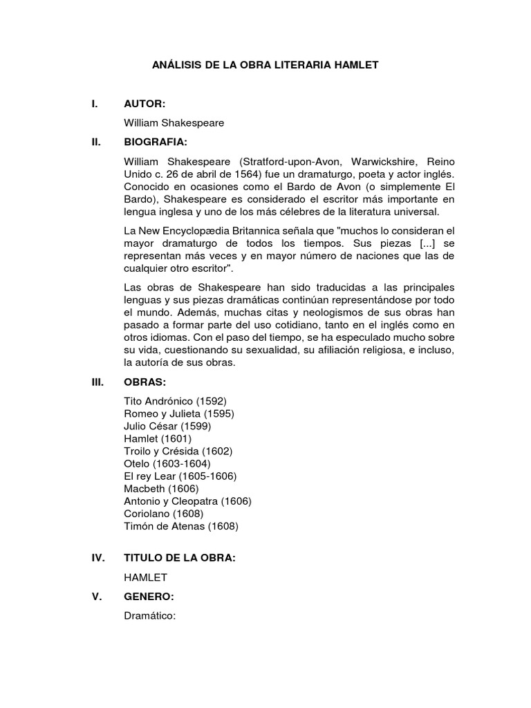 Análisis de La Obra Literaria Hamlet | PDF | Aldea | William Shakespeare