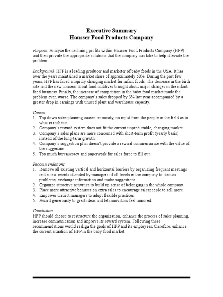 Executive Summary Hausser Food Products Company | PDF