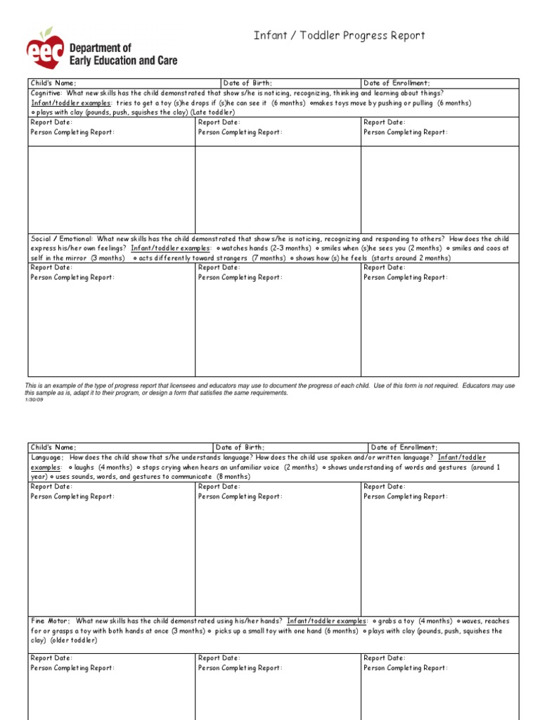 Infant Toddler Progress Report | Toddler | Human Development