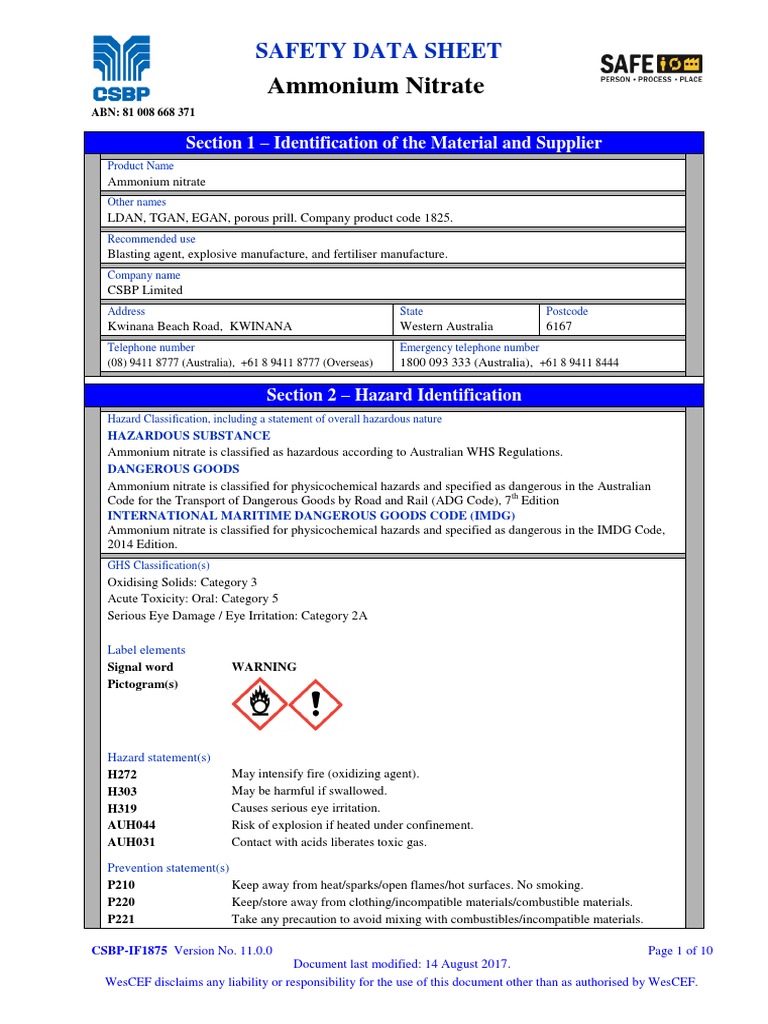 Msds Ammonium Nitrate | PDF | Dangerous Goods | Chlorine