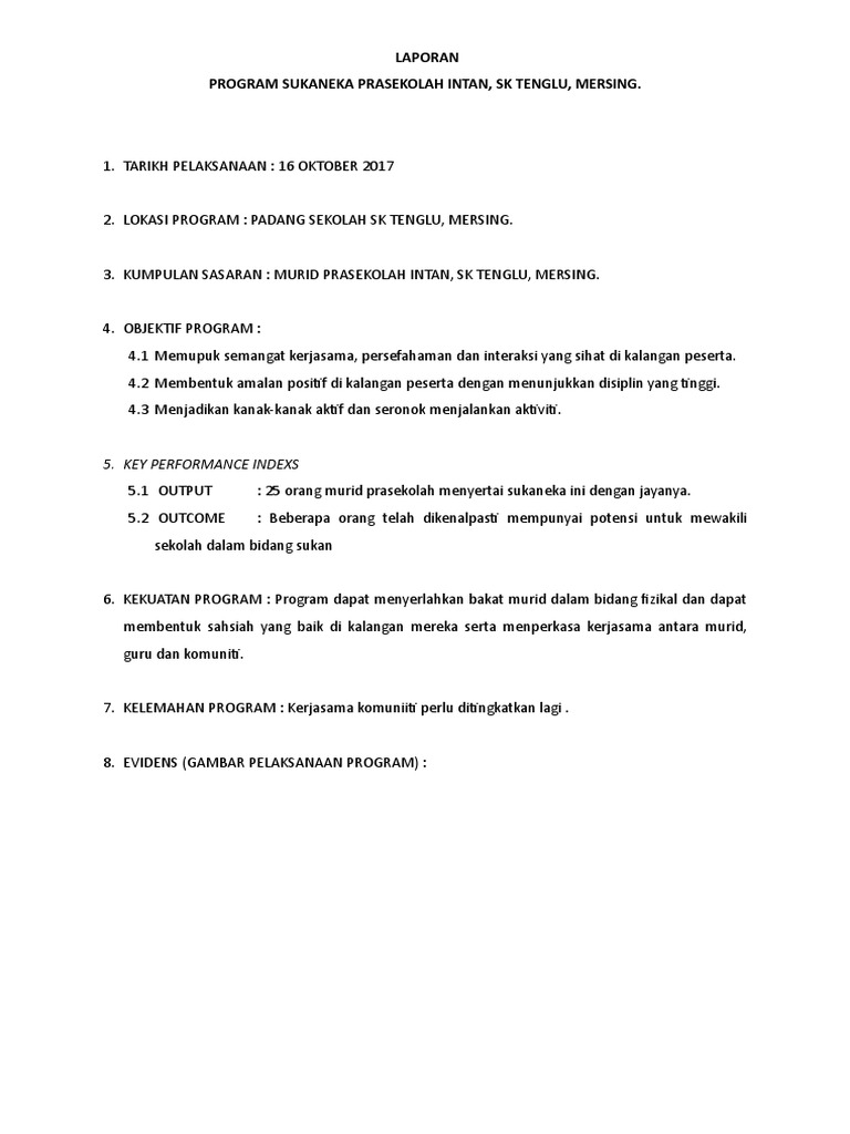 Laporan Sukaneka Prasekolah Intan 2017 | PDF