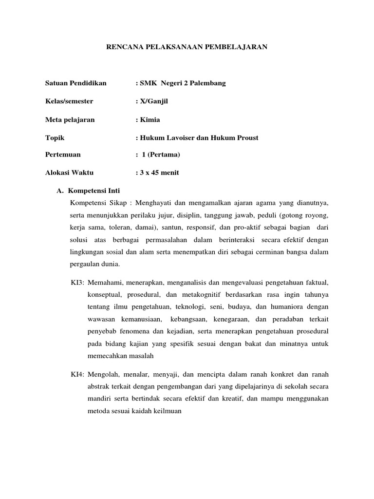 RPP KD 5 Hukum - Hukum Dasar Kimia Lavoiser | PDF