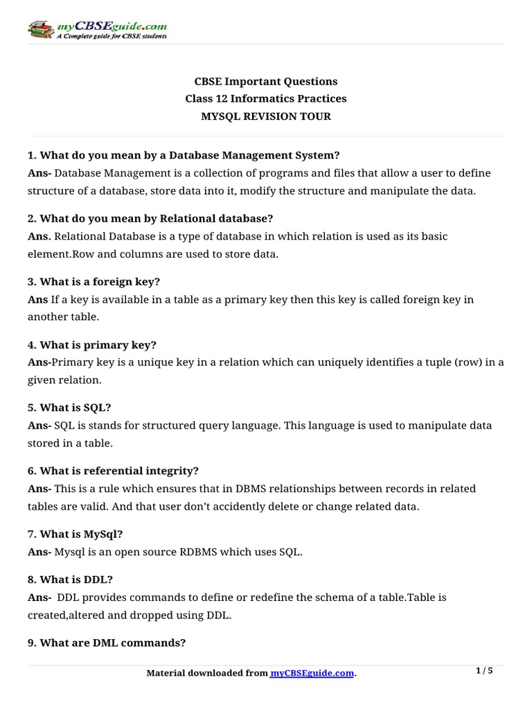 12 Impq Ip Mysql Revision Tour | PDF | Relational Database | Sql 12 Impq Ip Mysql Revision Tour | PDF | Relational Database | Sql