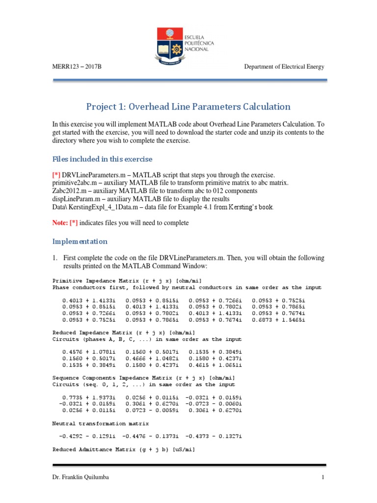 PRJ1 LineParameters MERR123-2017B PDF | PDF | Electrical Impedance | Matlab