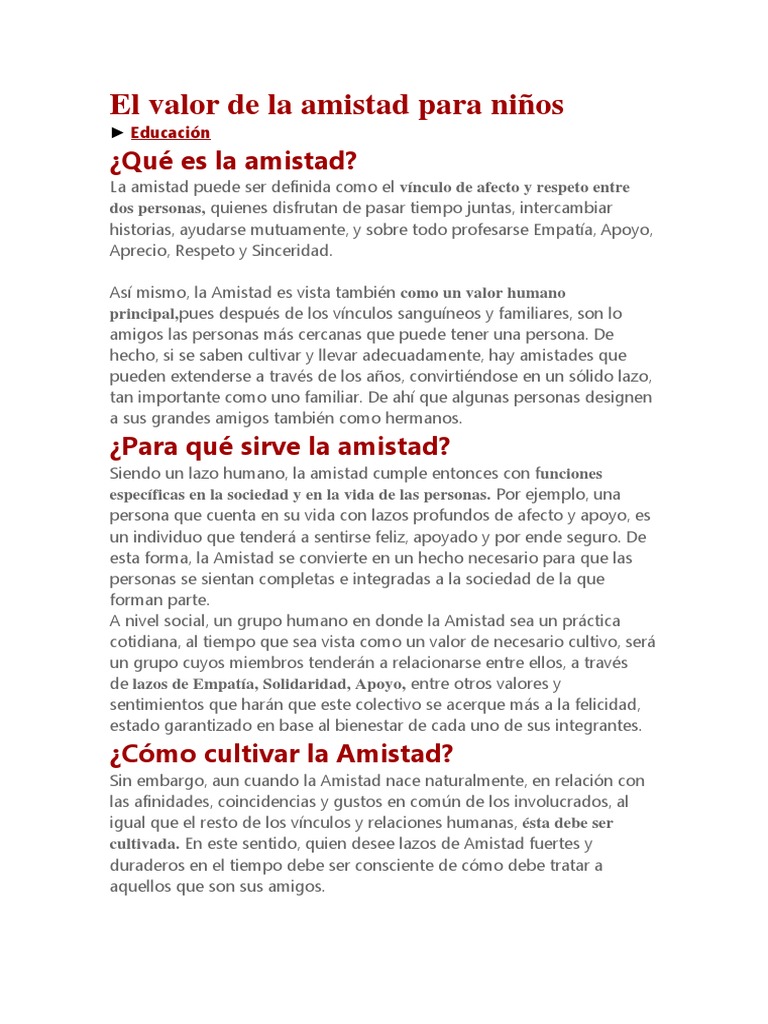 El Valor de La Amistad Para Niños | PDF