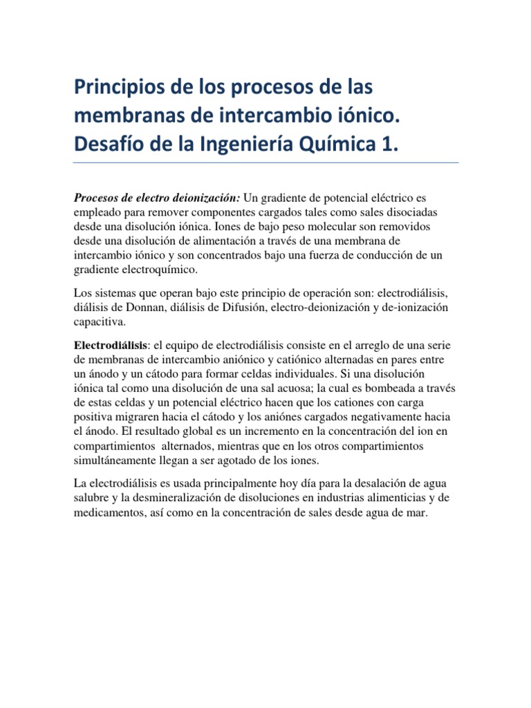 Principios de Los Procesos de Las Membranas de Intercambio Iónico | PDF ...