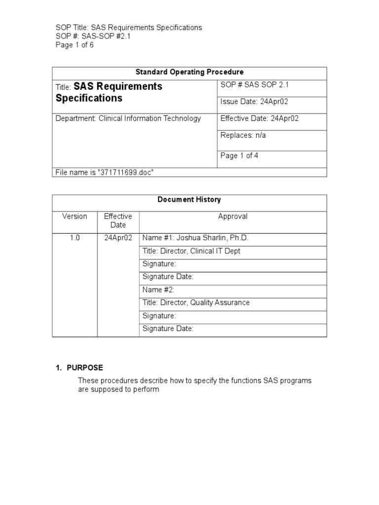 Sas Sop - Sas Rqmts Specs 24apr02 | PDF | Sas (Software) | Specification (Technical Standard)