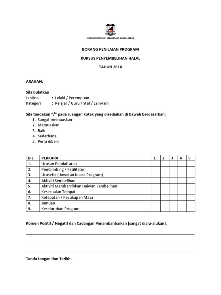 Borang Penilaian Program KURSUS PENYEMBELIHAN | PDF