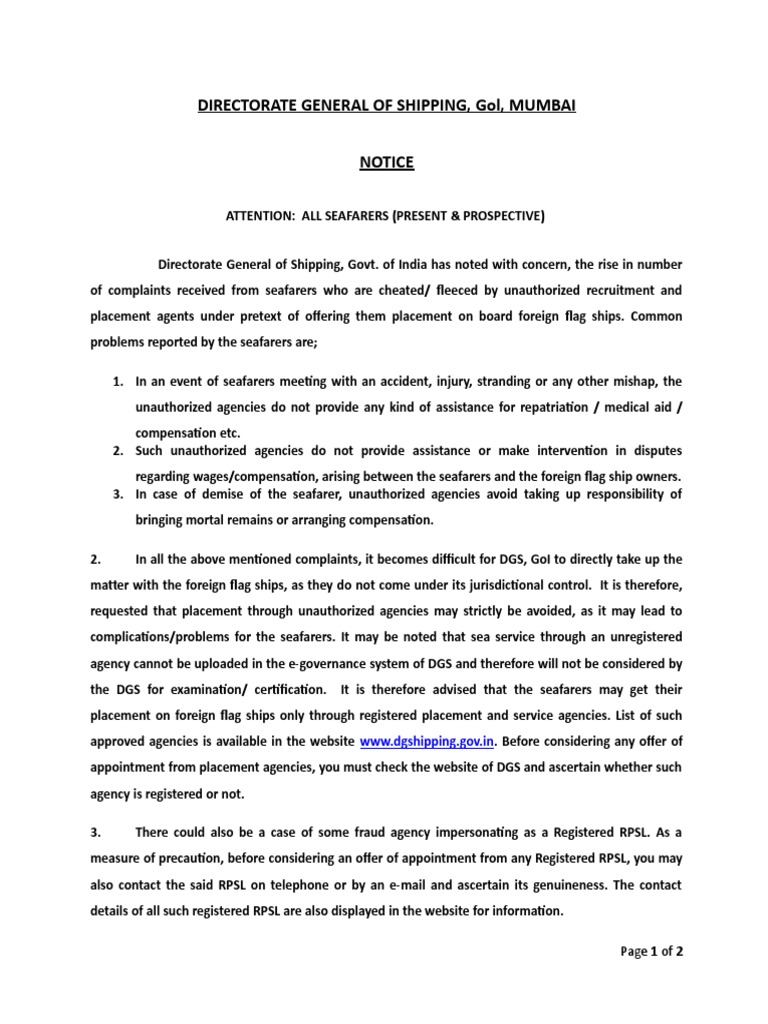 Directorate General of Shipping, Gol, Mumbai Notice: WWW - Dgshipping ...