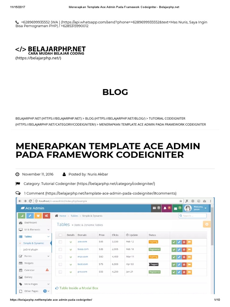Menerapkan Template Ace Admin Pada Framework Codeigniter - Belajarphp | PDF