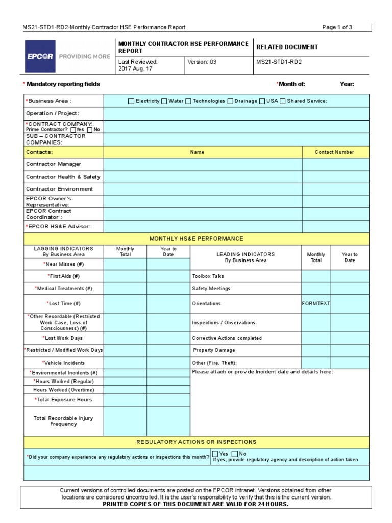 Monthly Contractor HSE Performance Report | PDF | Disability | Health ...