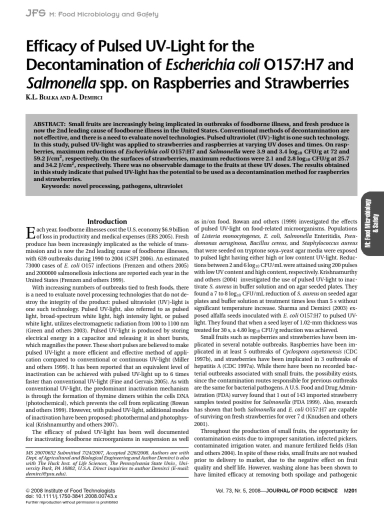 Efficacy Of Pulsed Uv Light For The Decontamination Of Escherichia Coli