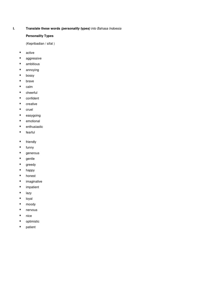 I. Translate These Words (Personality Types) Into Bahasa Indoesia ...