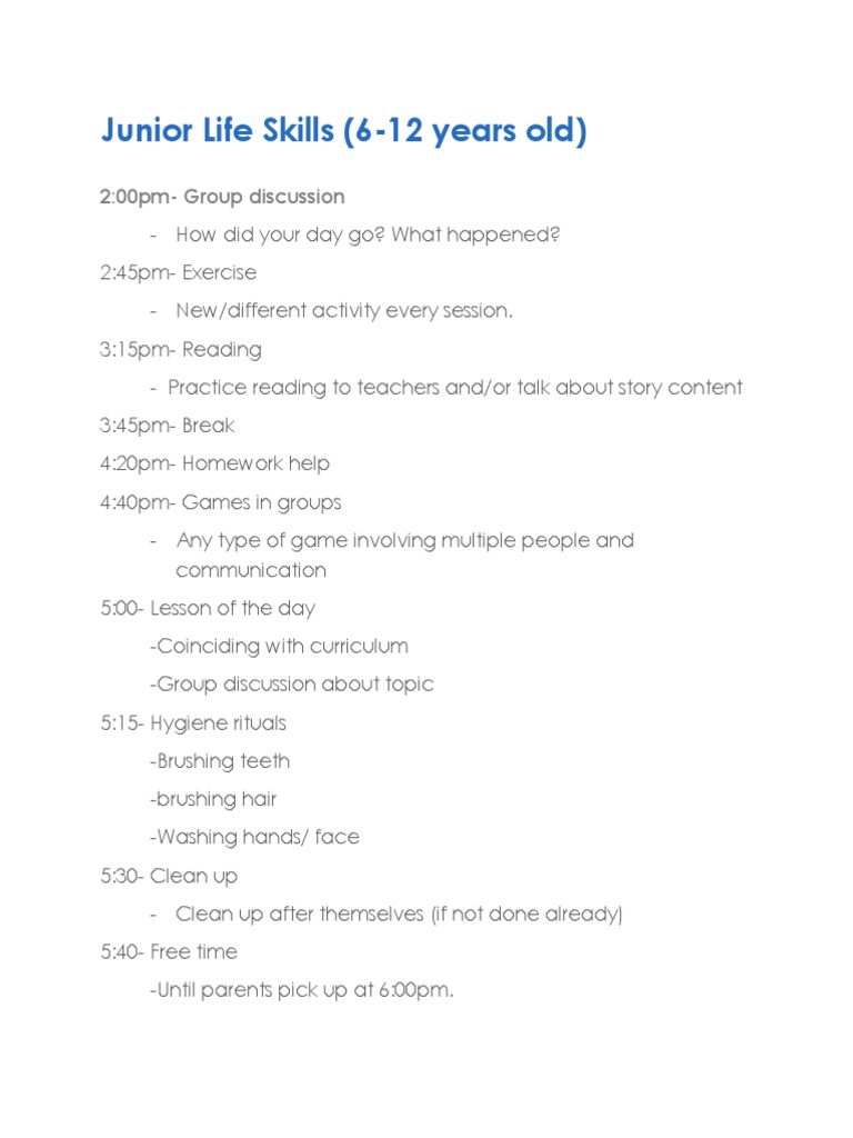 Junior Life Skills Daily Schedule | PDF