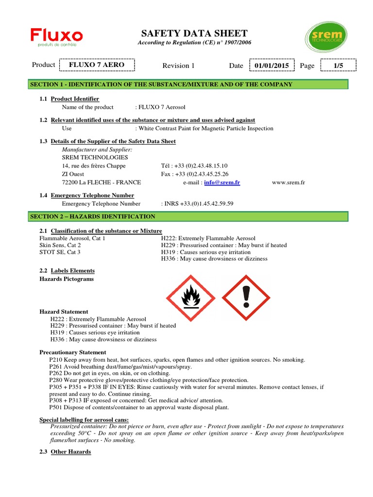 Fluxo 7 Aero Msds Revision 1 01.01.2015 | PDF | Toxicity | Chemistry