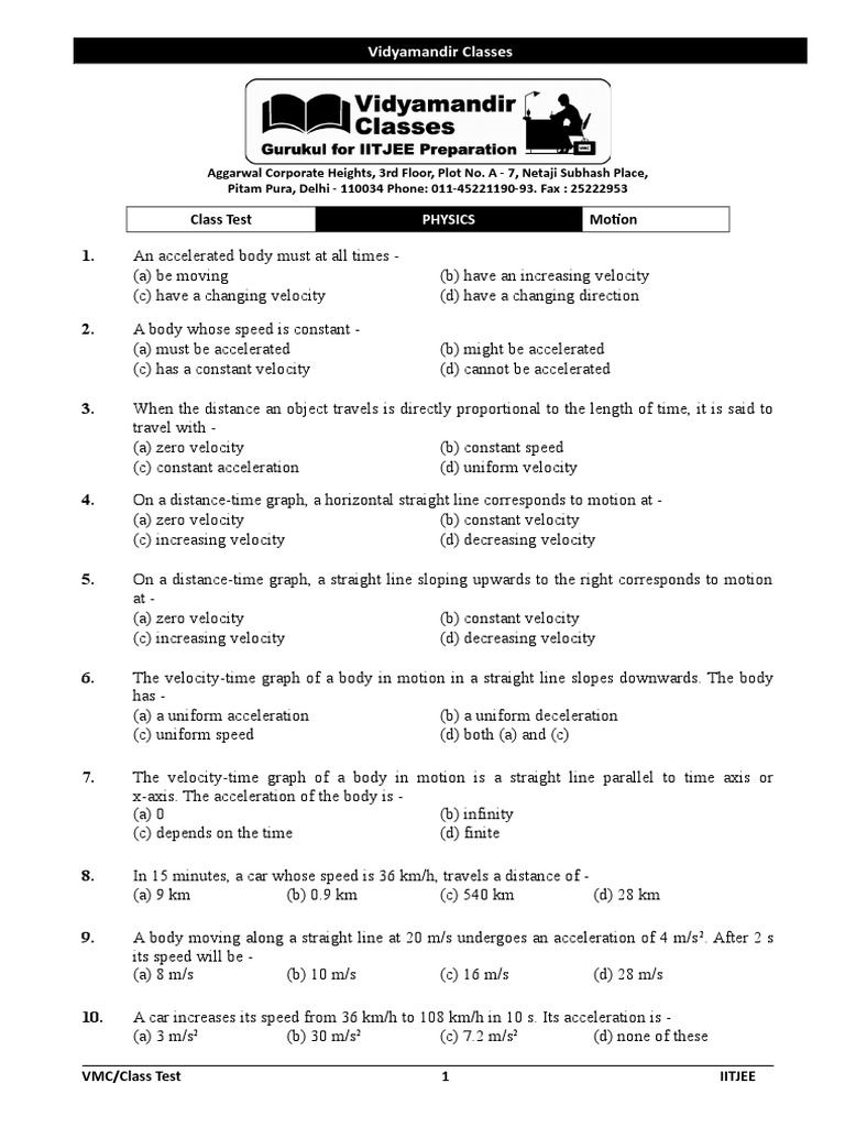 Class Test 9th Motion | PDF | Acceleration | Velocity