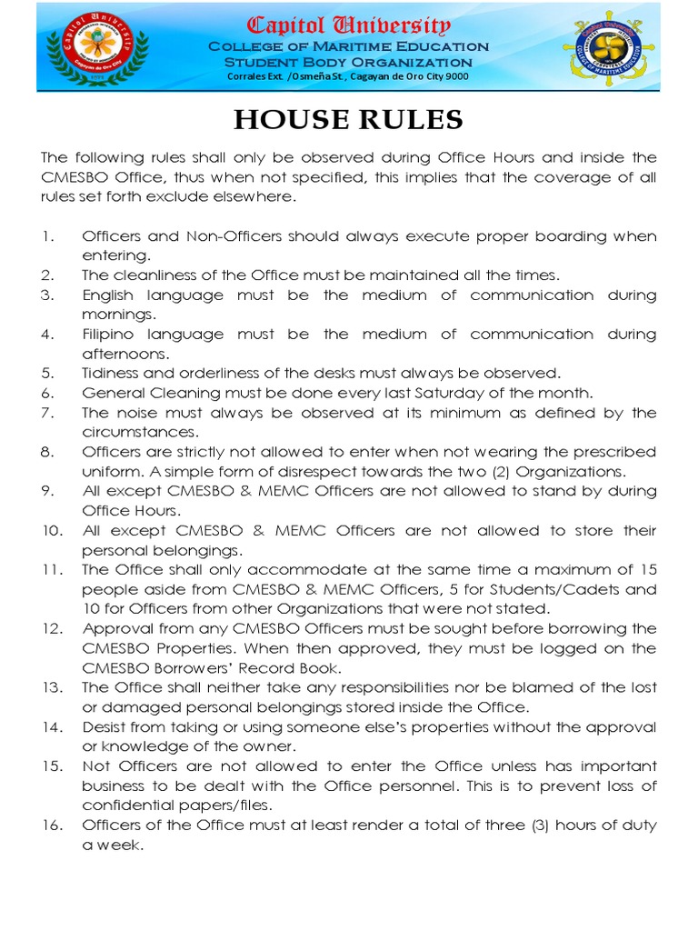 House Rules: College of Maritime Education Student Body Organization ...