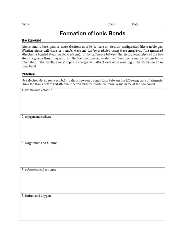 Worksheet - Ionic Bond Formation | PDF | Ionic Bonding | Chemical Bond