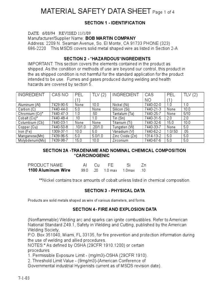 Material Safety Data Sheet: Section 1 - Identification | PDF | Nickel ...