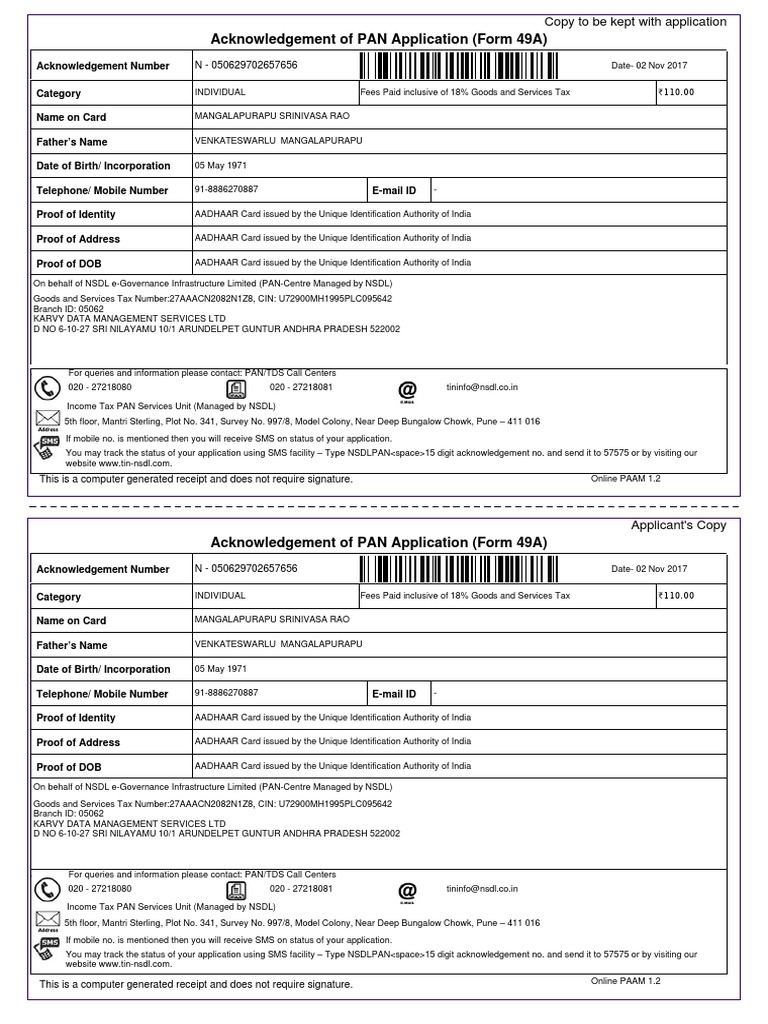 PAN Application Acknowledgement Receipt | PDF | Identity Document ...