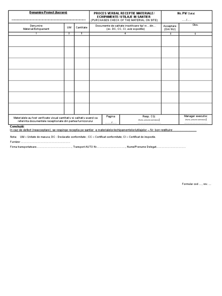 Formular Receptie Materiale in Santier | PDF