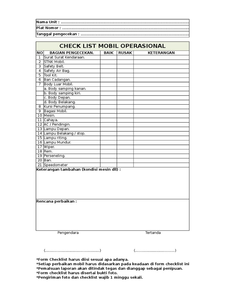 Form Checklist Kendaraan Excel – Beinyu.com