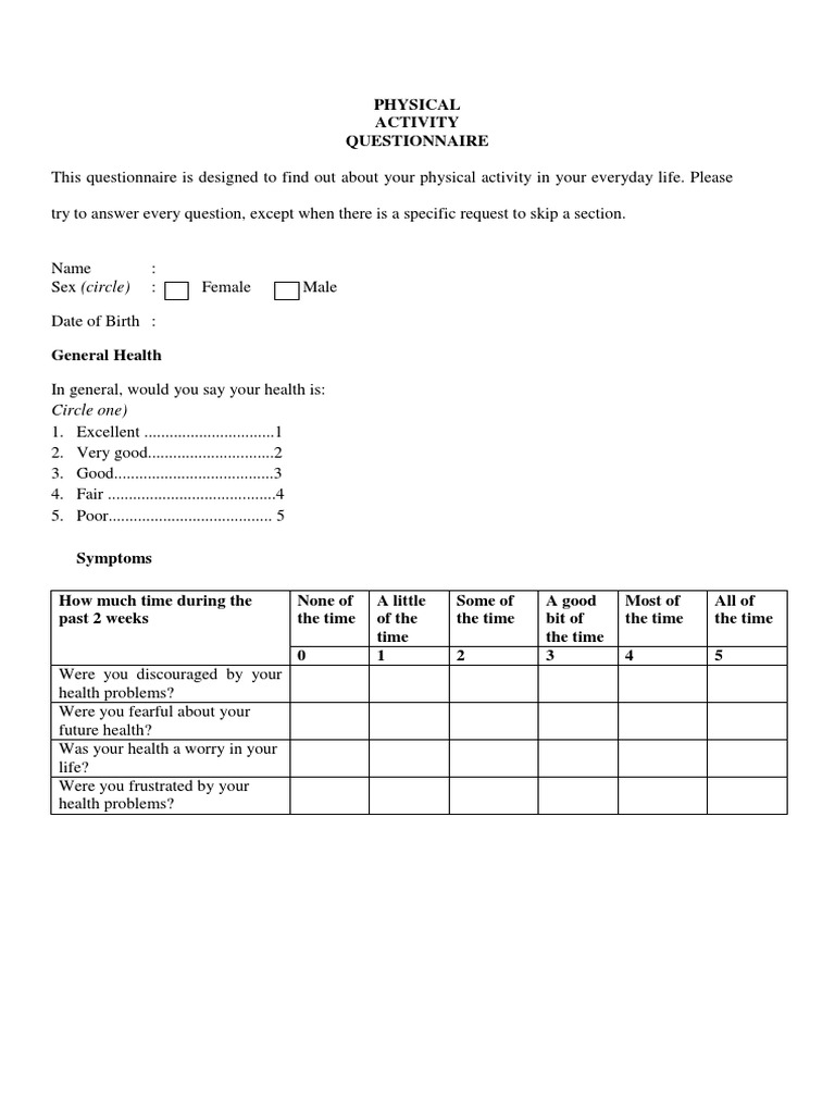 Physical Activity Questionnaire: Circle One) | Download Free PDF ...