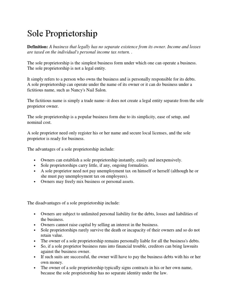 Sole Proprietorship | PDF | Partnership | Sole Proprietorship