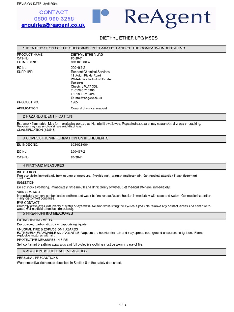Diethyl Ether LRG Msds | PDF | Chemistry | Safety