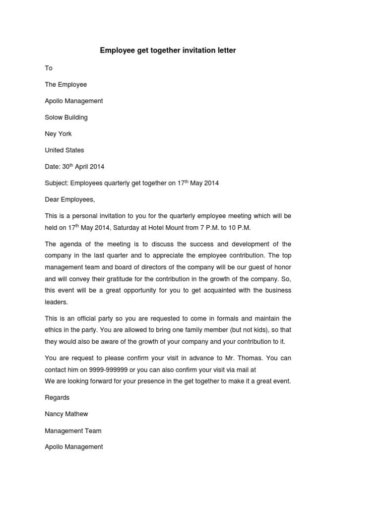 Employee Get Together Invitation Letter | PDF | Self-Improvement