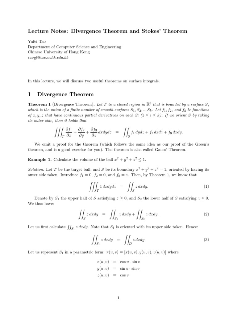 Lecture Notes: Divergence Theorem and Stokes' Theorem | PDF | Integral ...
