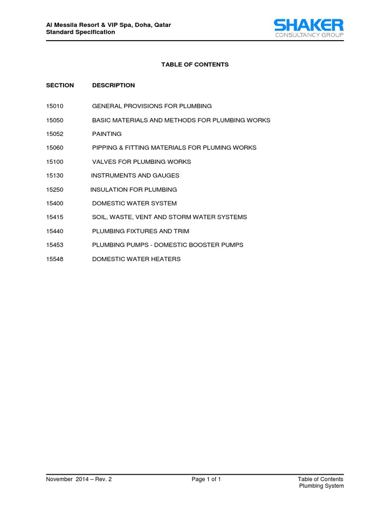 Plumbing System Specifications for Al Messila Resort & VIP Spa in Doha ...