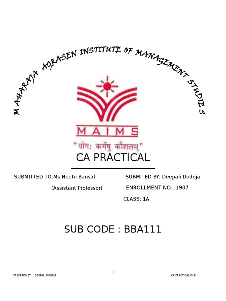 Ca Practical: Sub Code: Bba111 | PDF