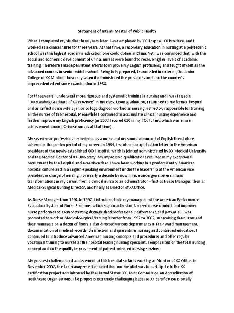 Statement Of Intent Master Of Public Health Nursing Public Health 