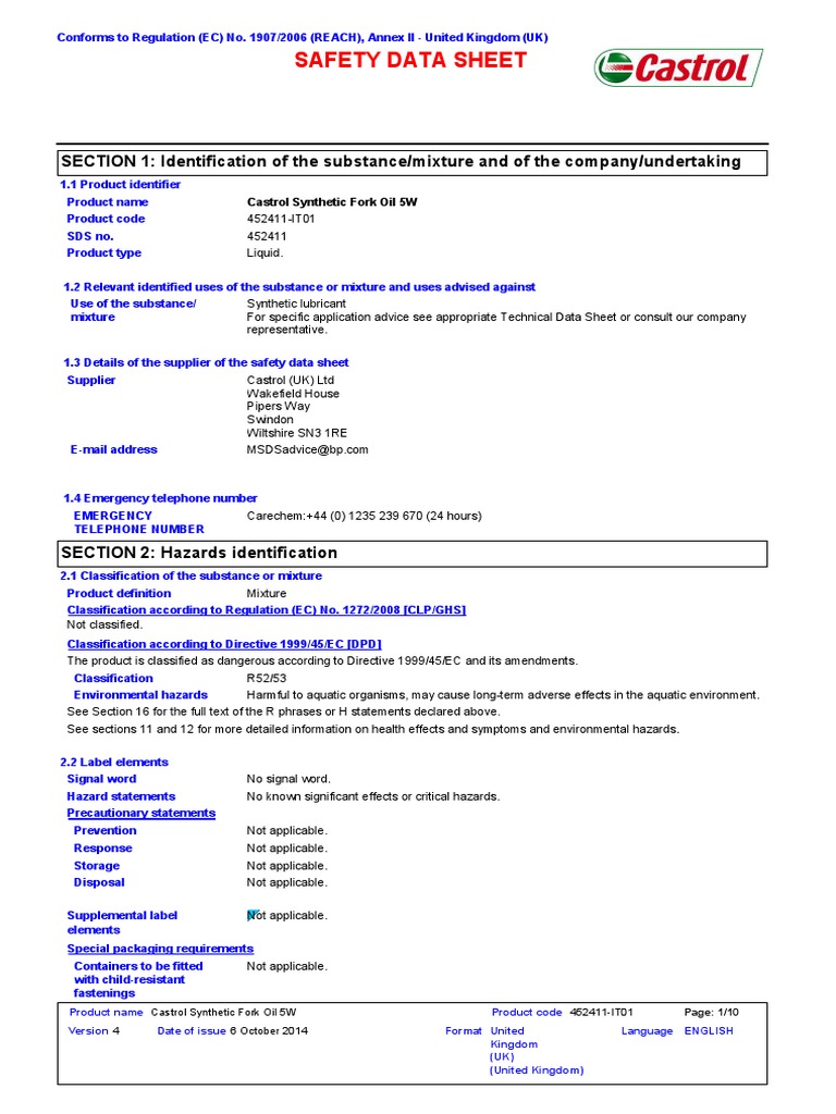 BP EU CLP SDS - United Kingdom UK-Lubes Europe-Castrol452411 ...