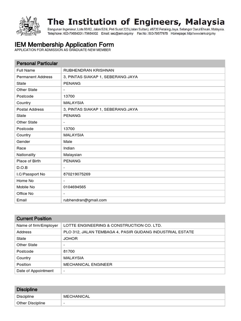 IEM Graduate Membership Application Form | PDF | Government | Social ...