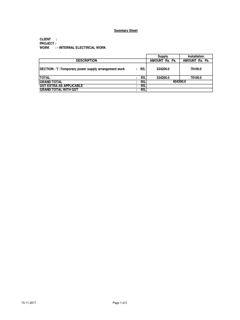 Temporary Power Supply Arrangement Work BOQ | PDF