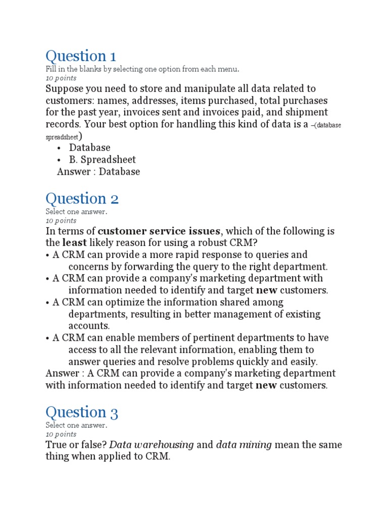 CRM and database fundamentals quiz with answers | PDF | Customer ...