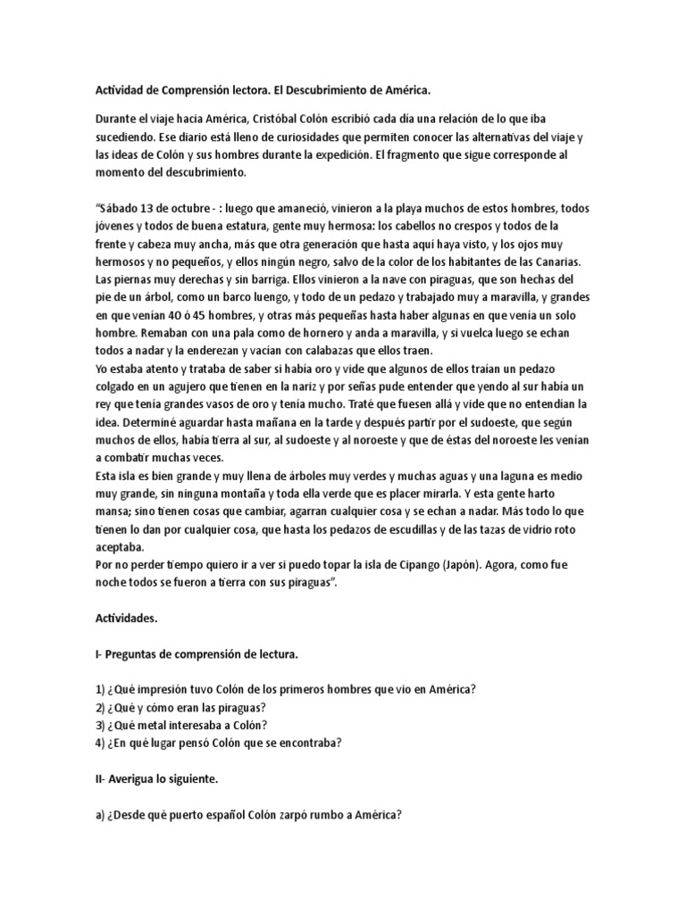 Comprensión Lectora: Descubrimiento de América | PDF | Cristobal colon ...