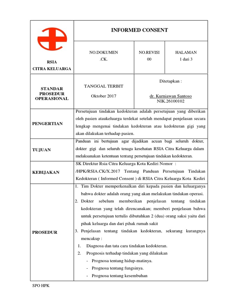 SPO PERSETUJUAN TINDAKAN KEDOKTERAN (Informed Consent) | PDF