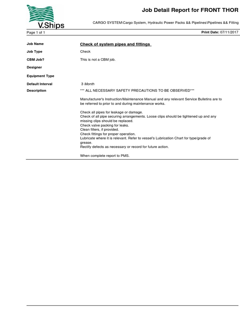 Job Detail Report For FRONT THOR: Check of System Pipes and Fittings ...